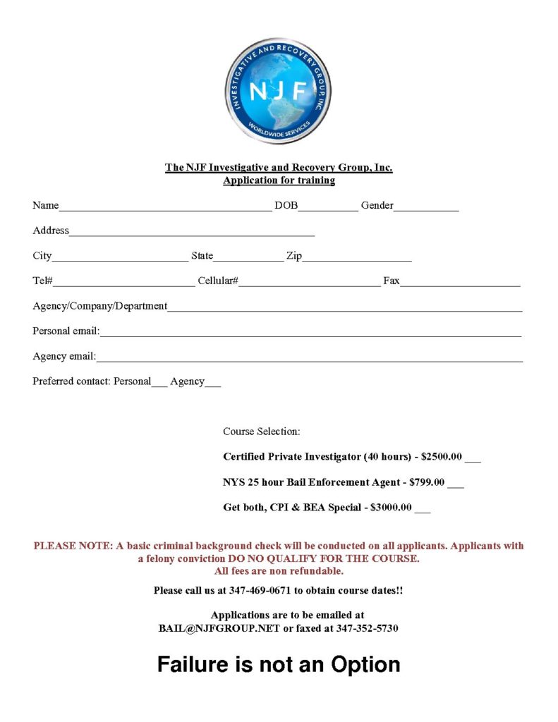 NJF Training Application – New York and Florida Private Investigations